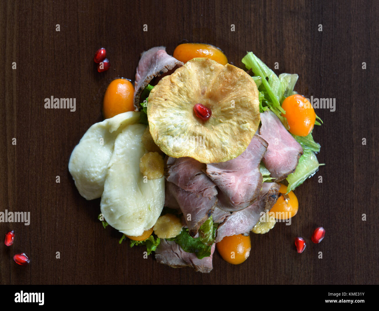 Exquisite food on a dark wooden wenge background. Gourmet Restaurant ...