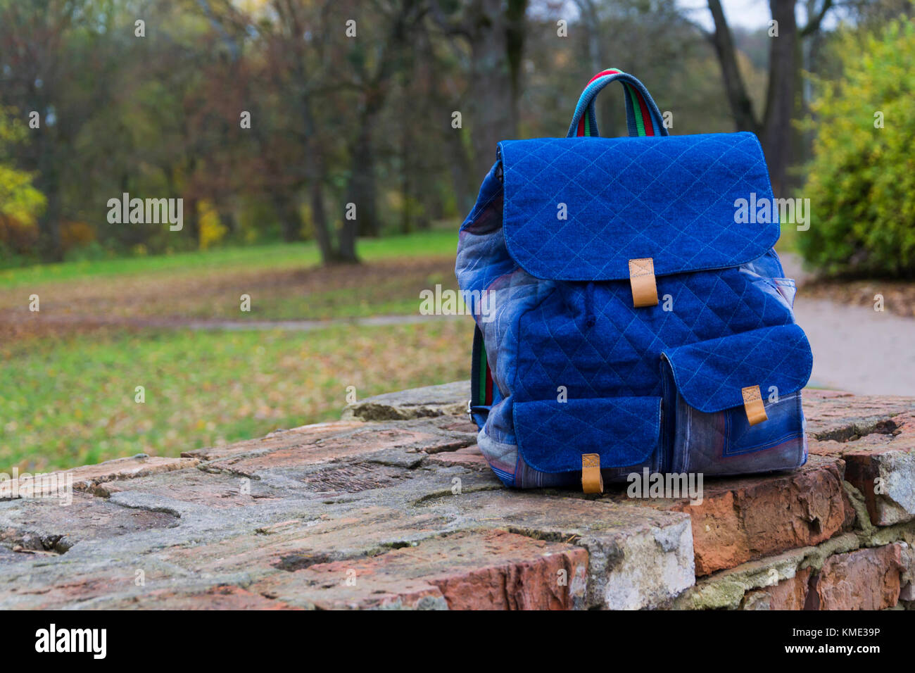 School backpack on brick wall against the forest Stock Photo - Alamy