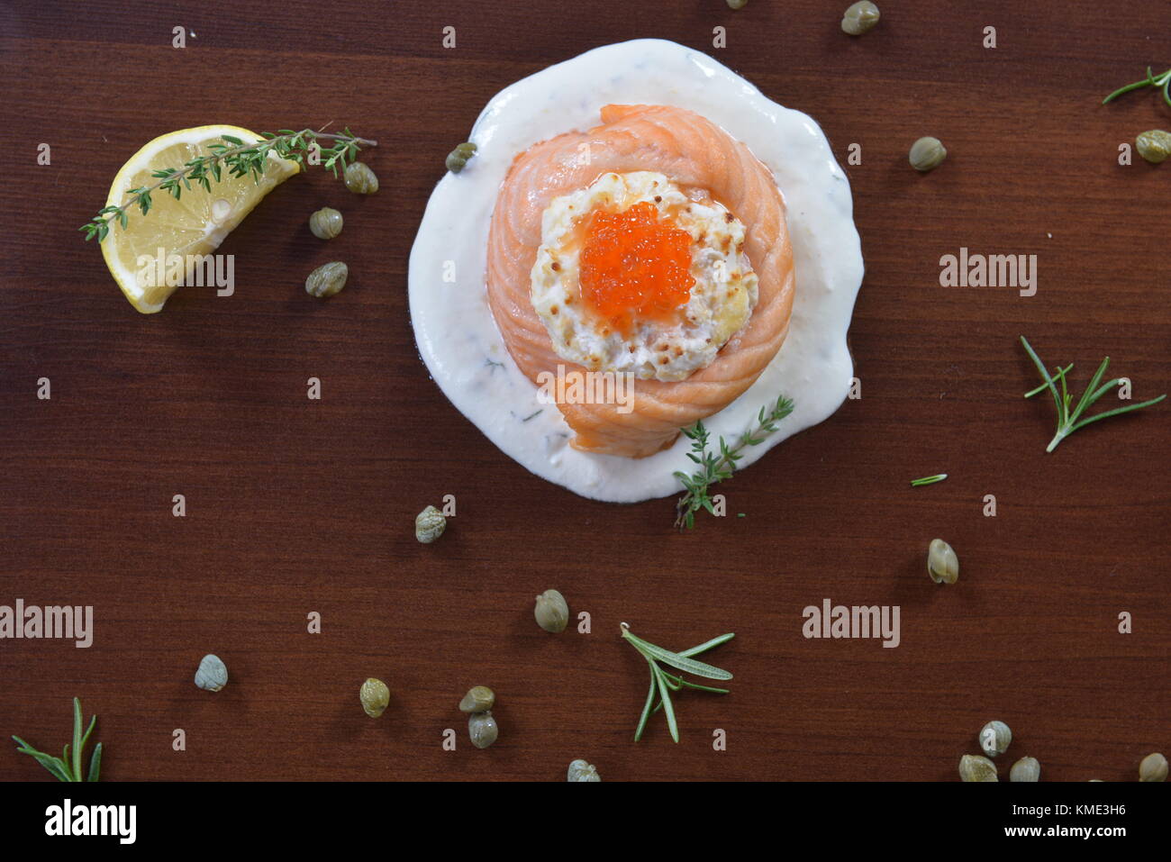 Exquisite food on a dark wooden wenge background. Gourmet Restaurant ...