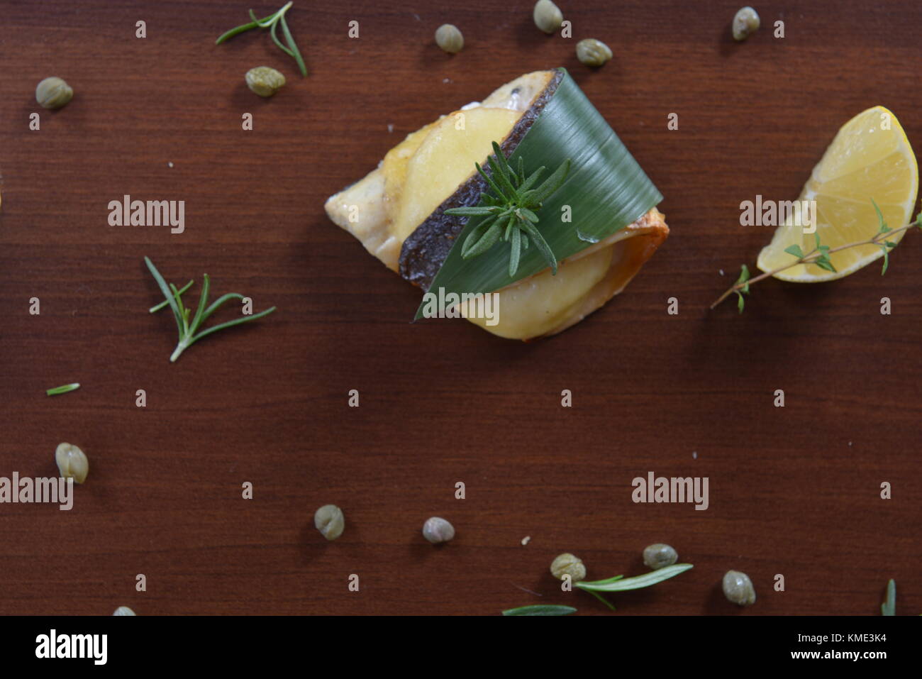 Exquisite food on a dark wooden wenge background. Gourmet Restaurant ...