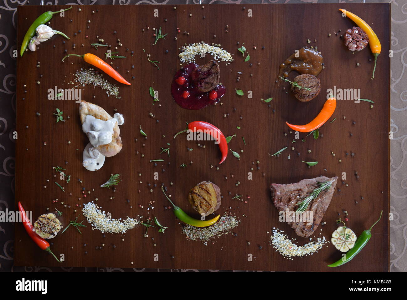 Exquisite food on a dark wooden wenge background. Gourmet Restaurant ...