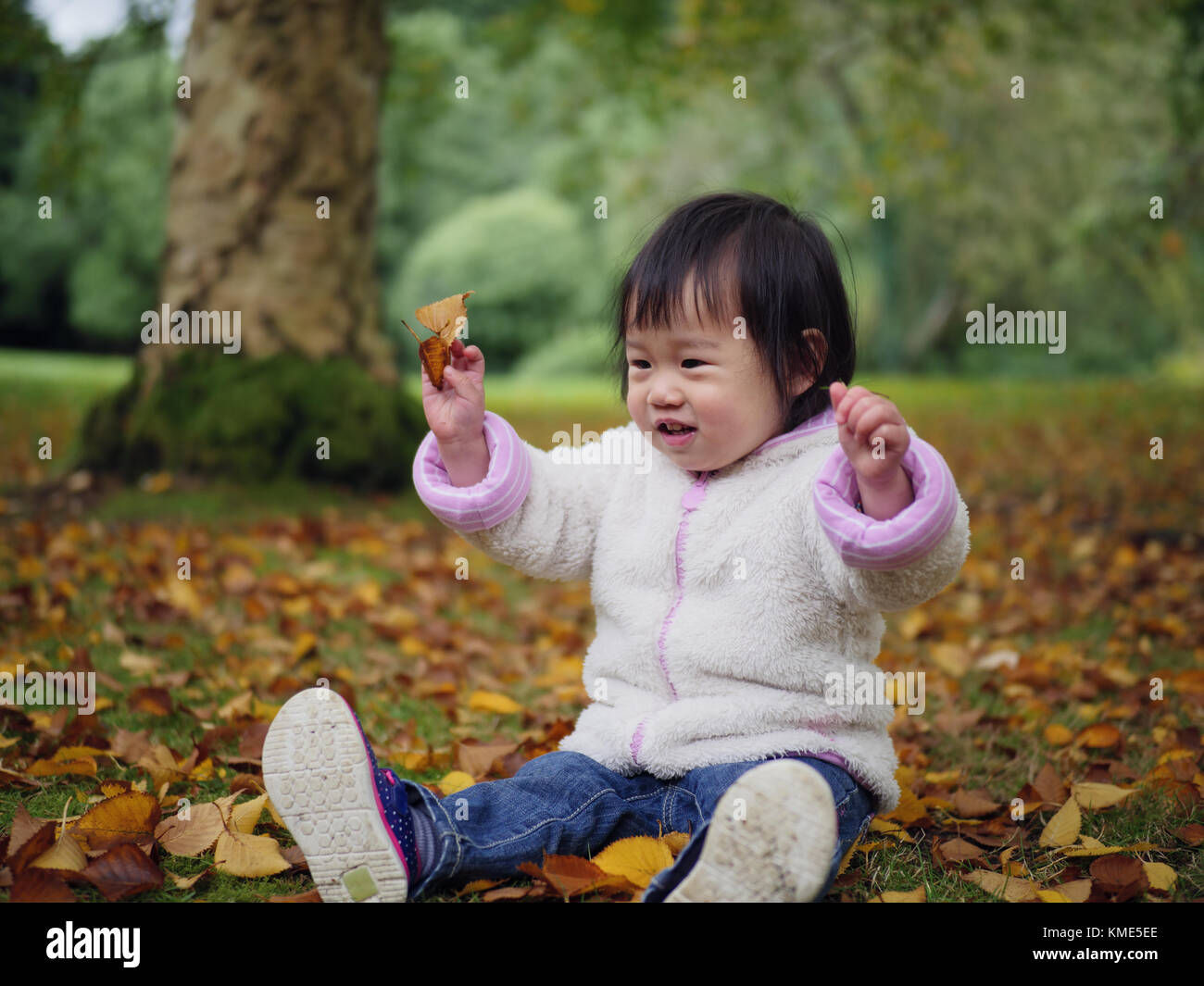 Baby girl playing at Autumn outdoor park Stock Photo - Alamy