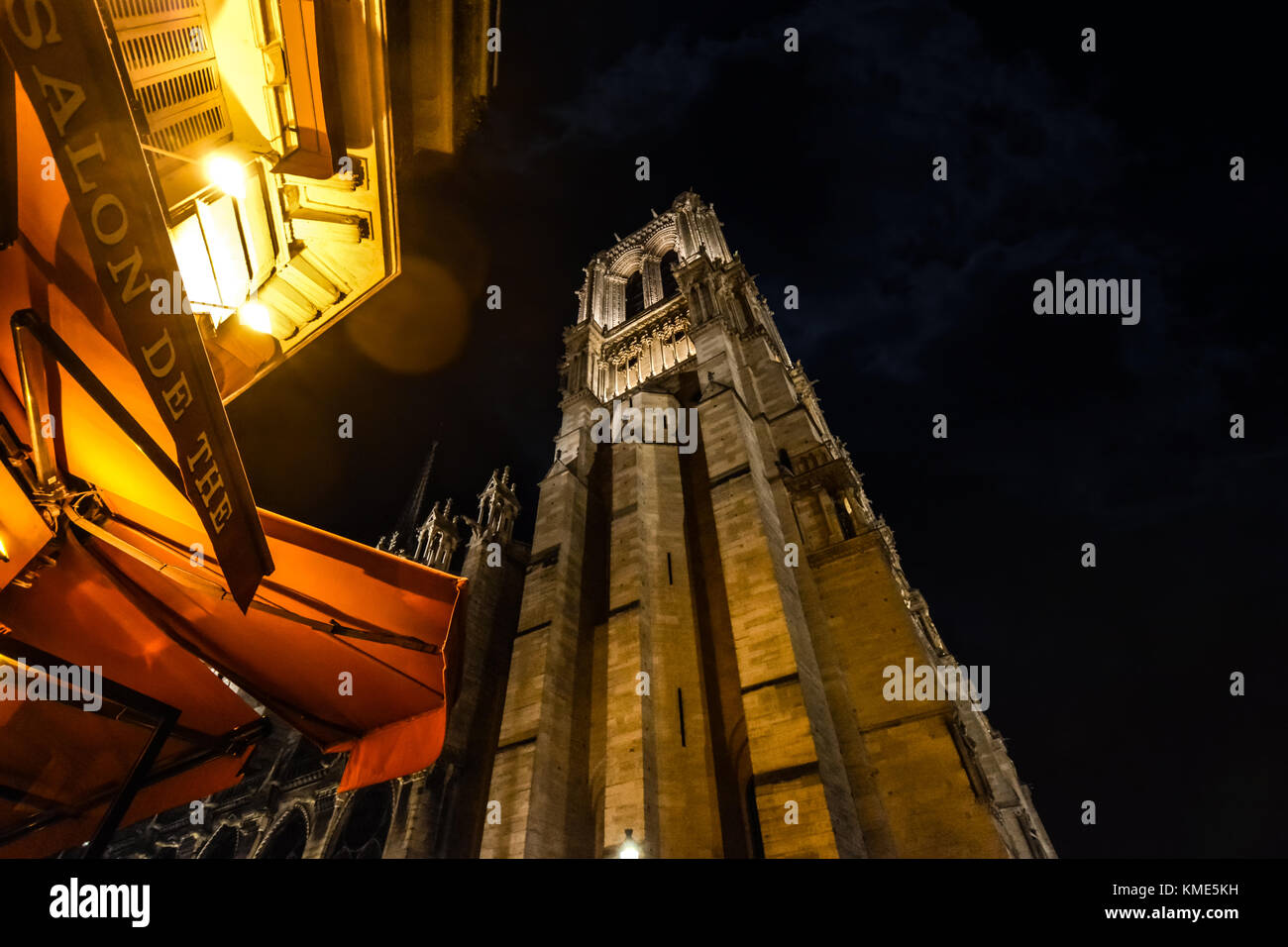 Looking up at the bell tower of Notre Dame cathedral on Île de la Cité ...