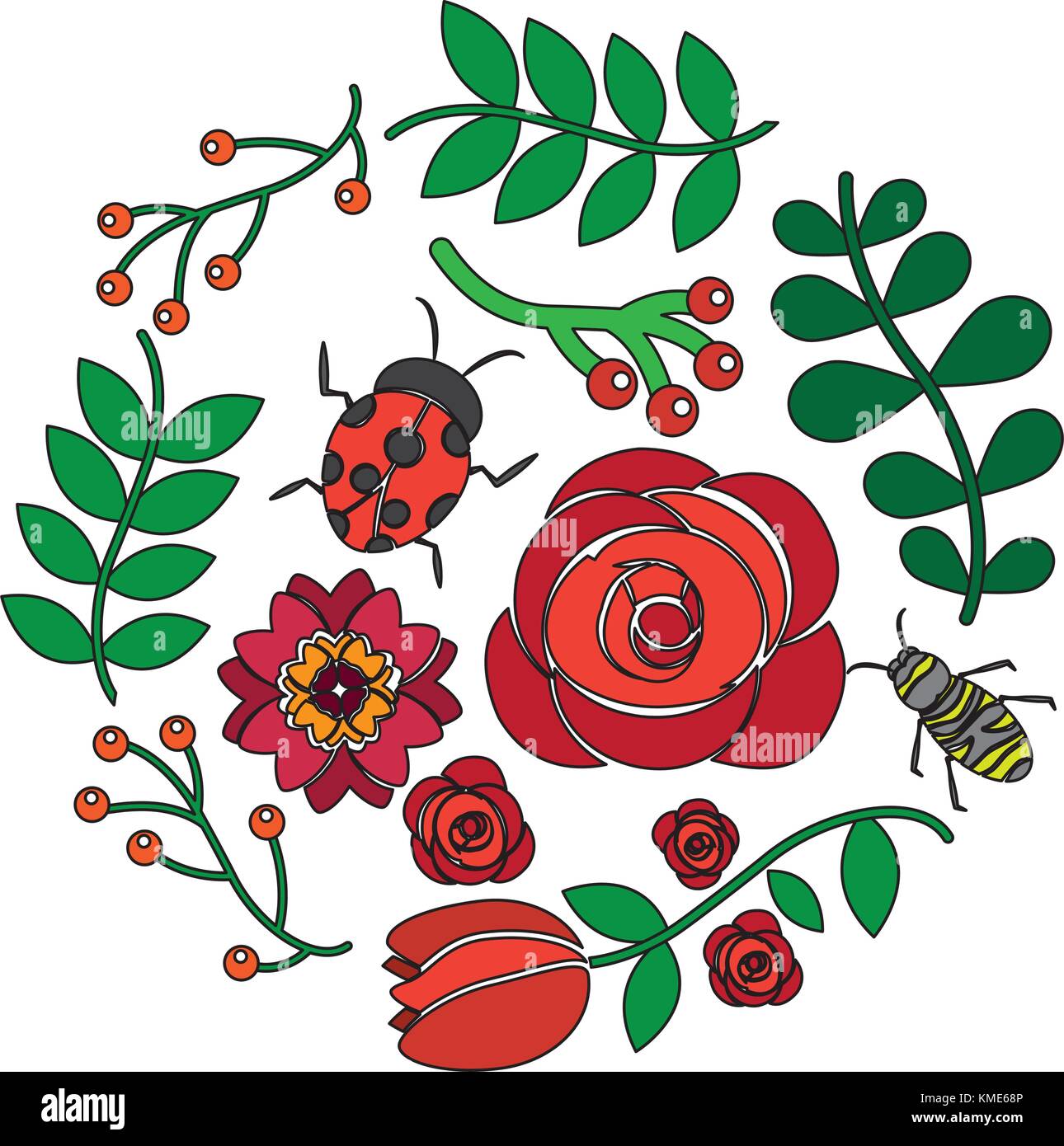 natural floral decoration flower ladybug bee branch leaves Stock Vector ...