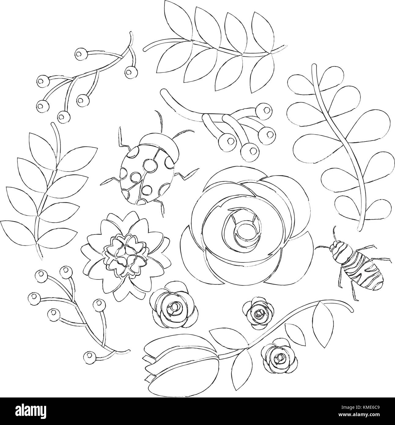 natural floral decoration flower ladybug bee branch leaves Stock Vector ...