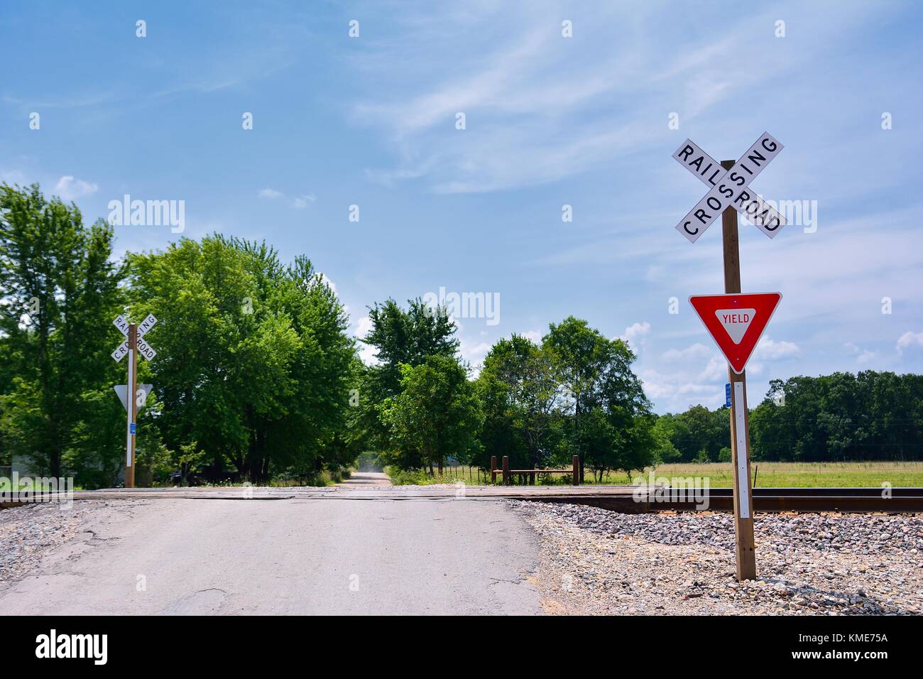 Railroad crossing sign against blue sky background, with space for your ...