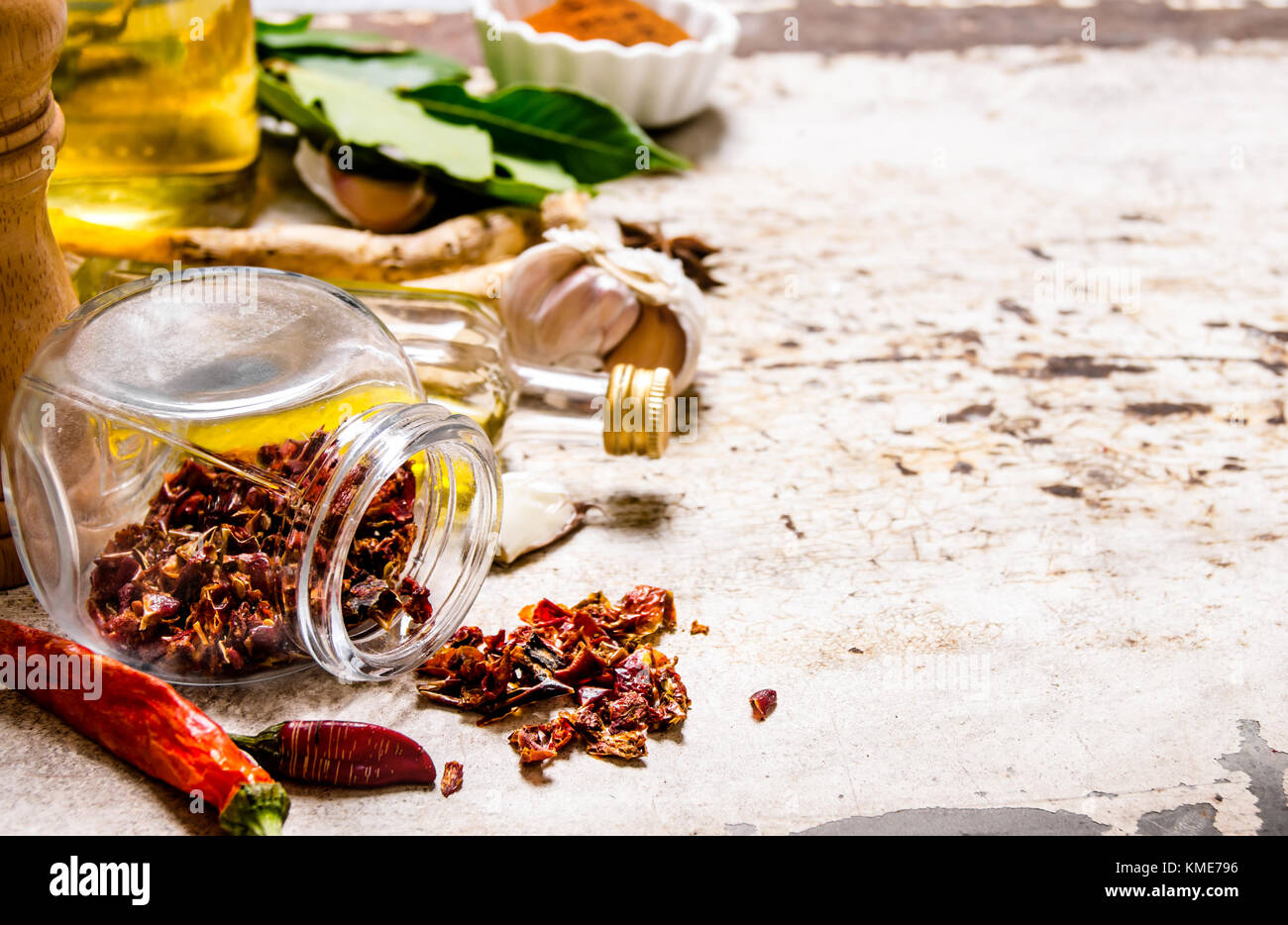 Spices and herbs - pepper, Bay leaf, garlic, coriander powder, and ...