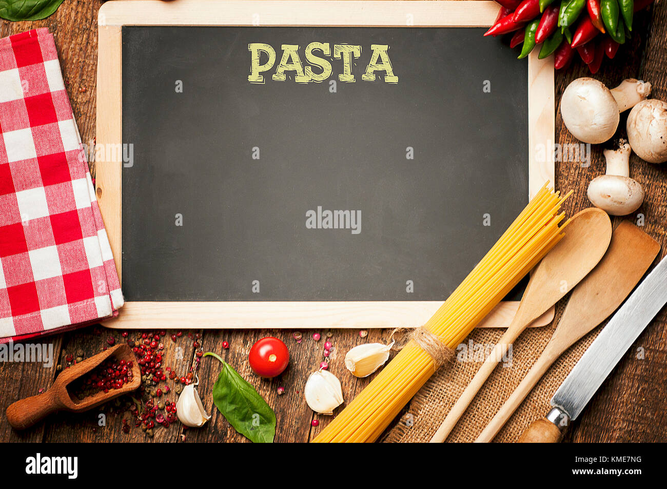 Italian Ingredients for pasta on Chalk Menu Board. Menu of the day ...