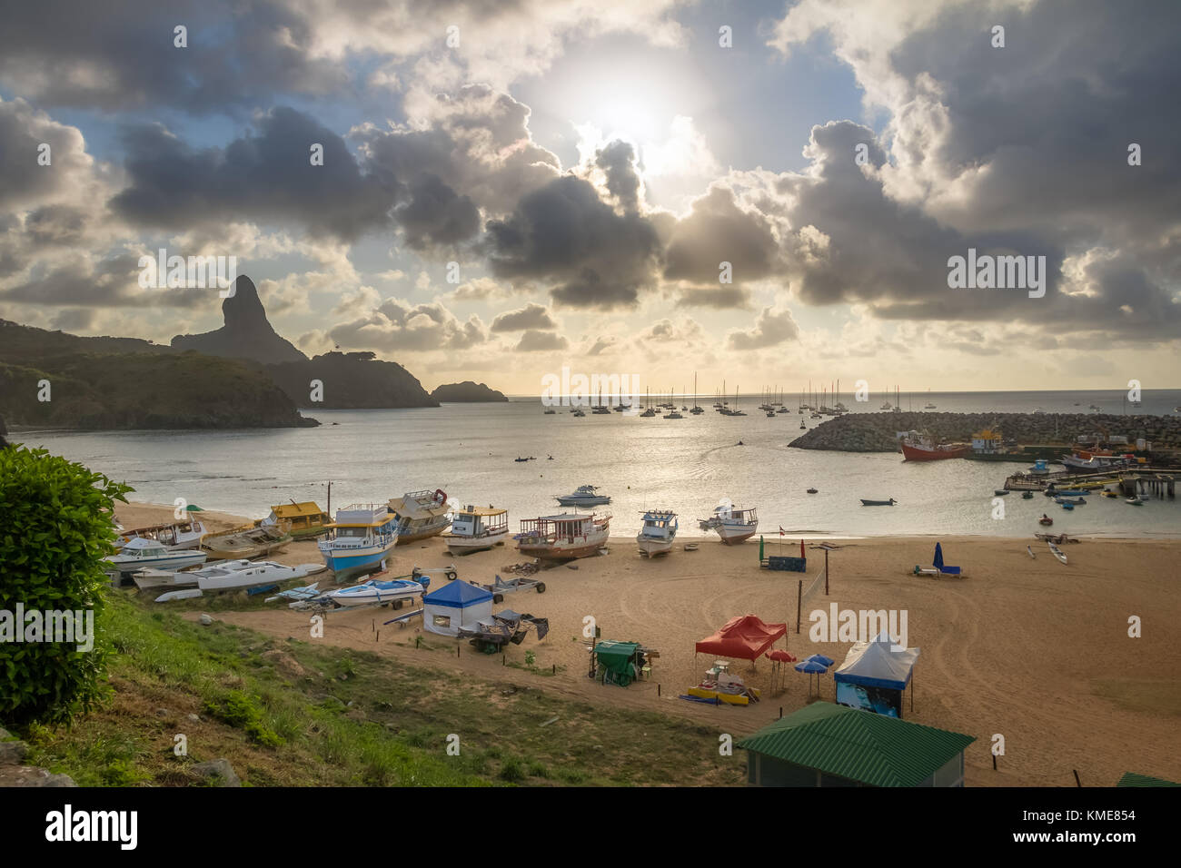 Aerial view of Sunset at Praia do Porto and Port of Santo Antonio with ...