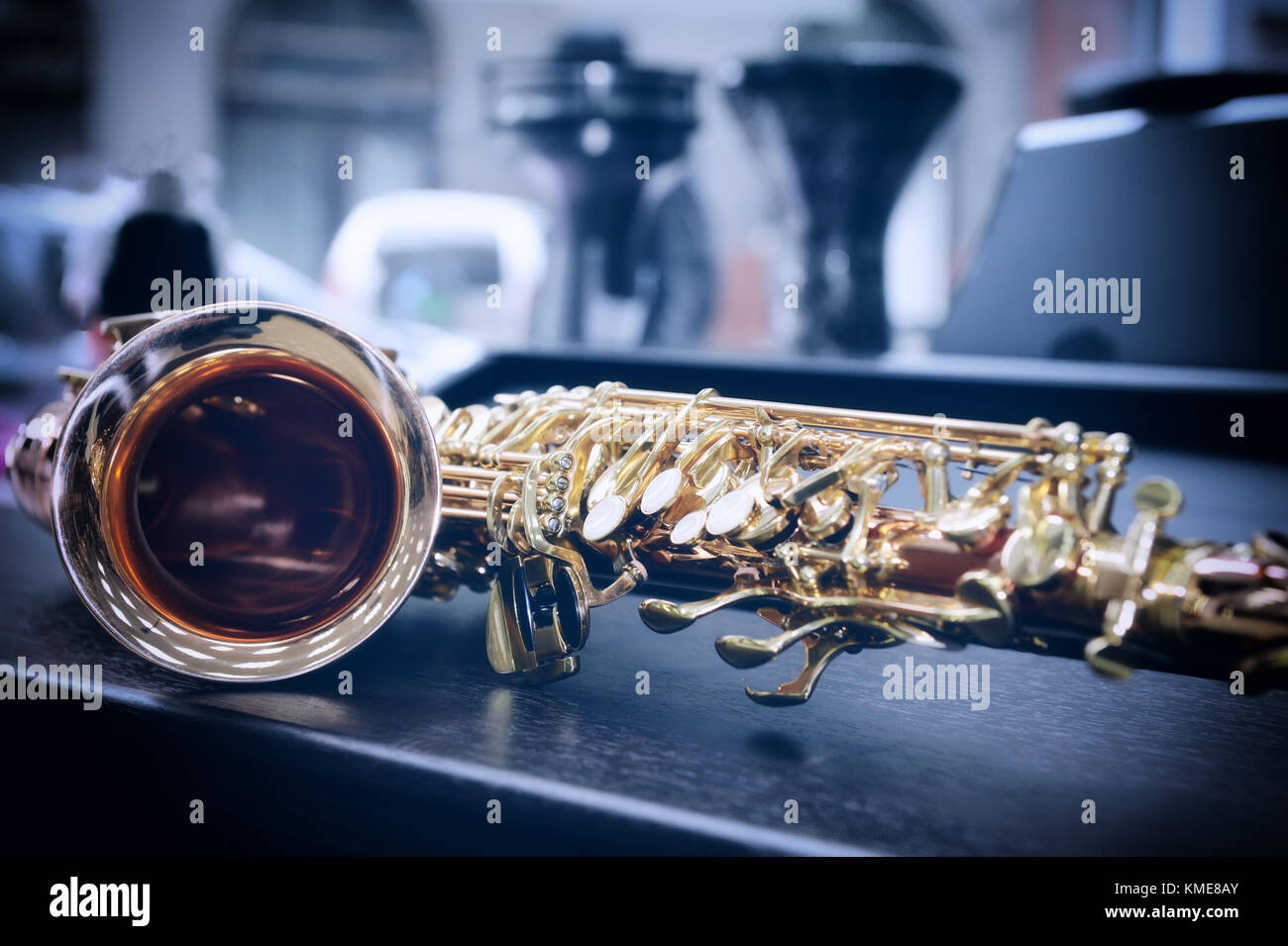 Shiny golden alto saxophone with detailed view of keys Stock Photo - Alamy