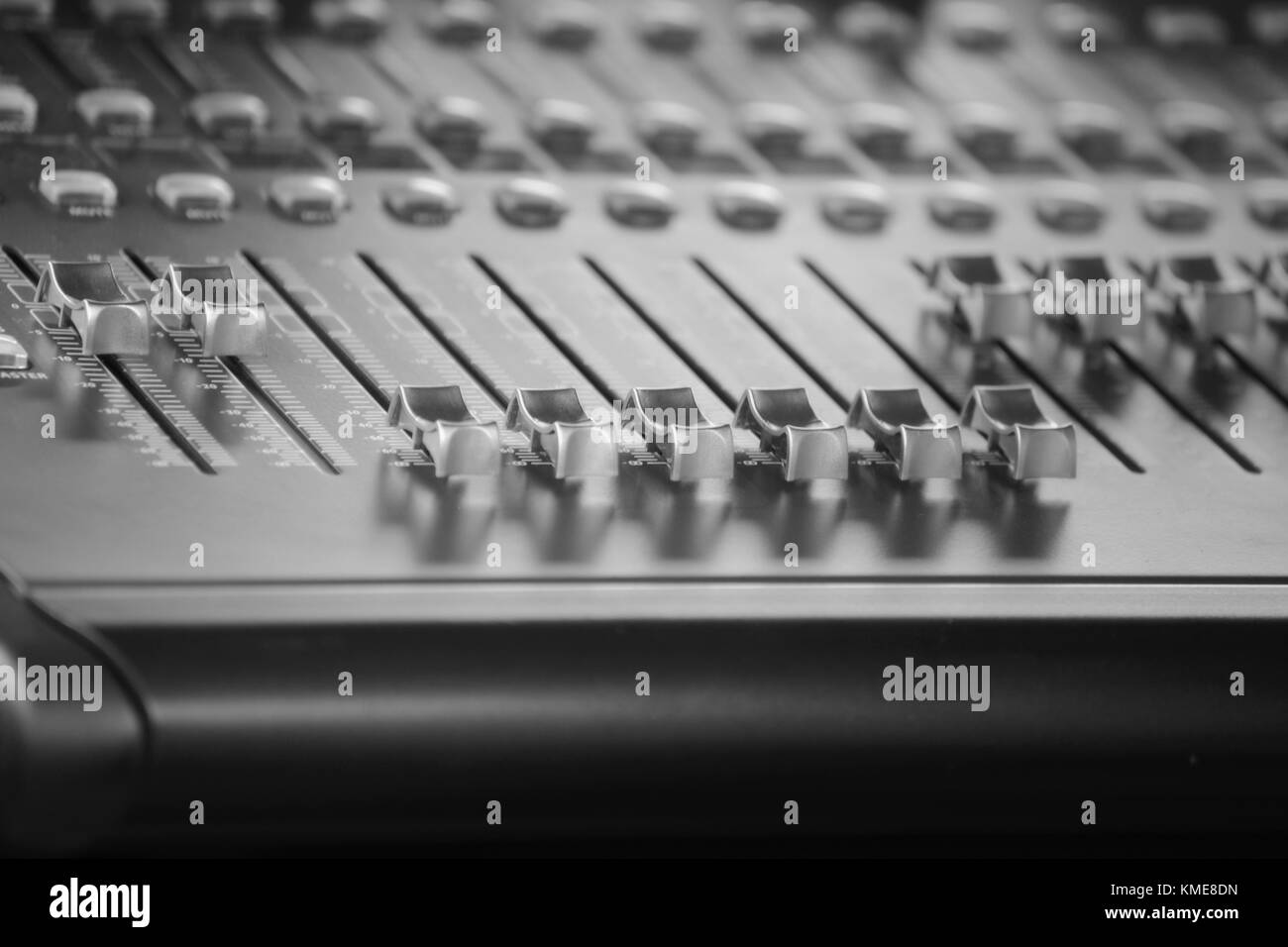buttons equipment in audio Mixing Console - Black and White Stock Photo ...