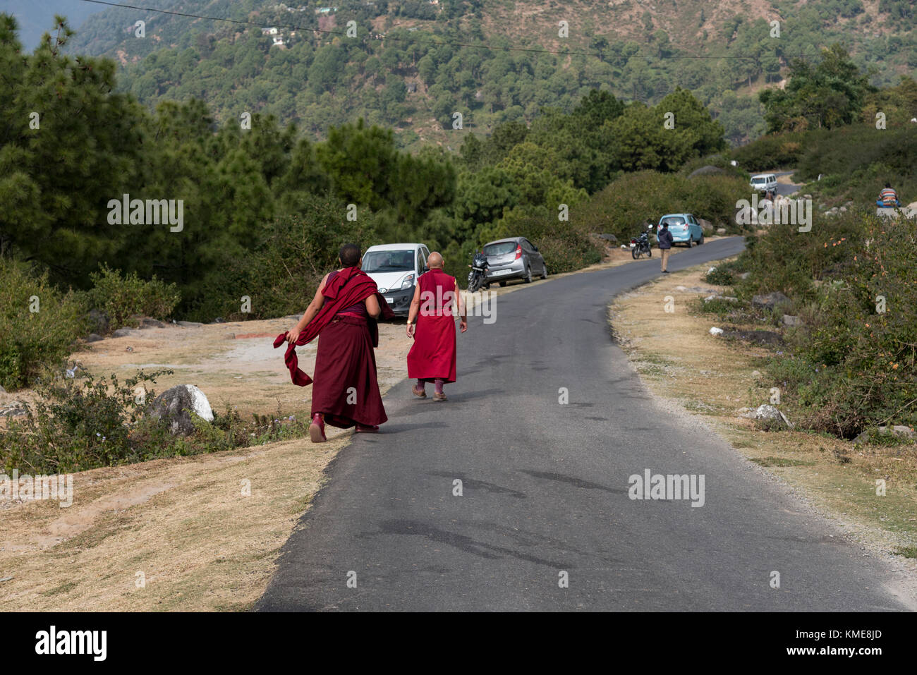Two monks walking along the road in a rural area on the way to their ...