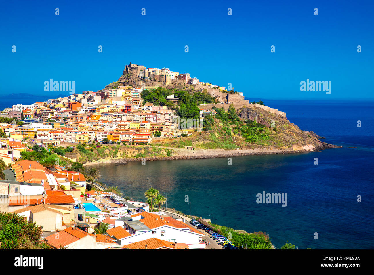Castle and colorful houses in Castelsardo town, Sardinia, Italy Stock ...