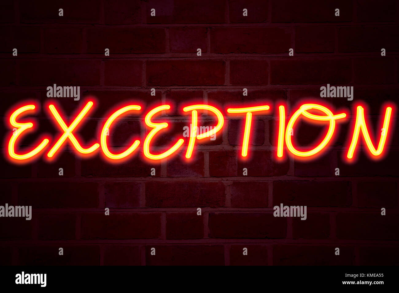 Exception neon sign on brick wall background. Fluorescent Neon tube ...