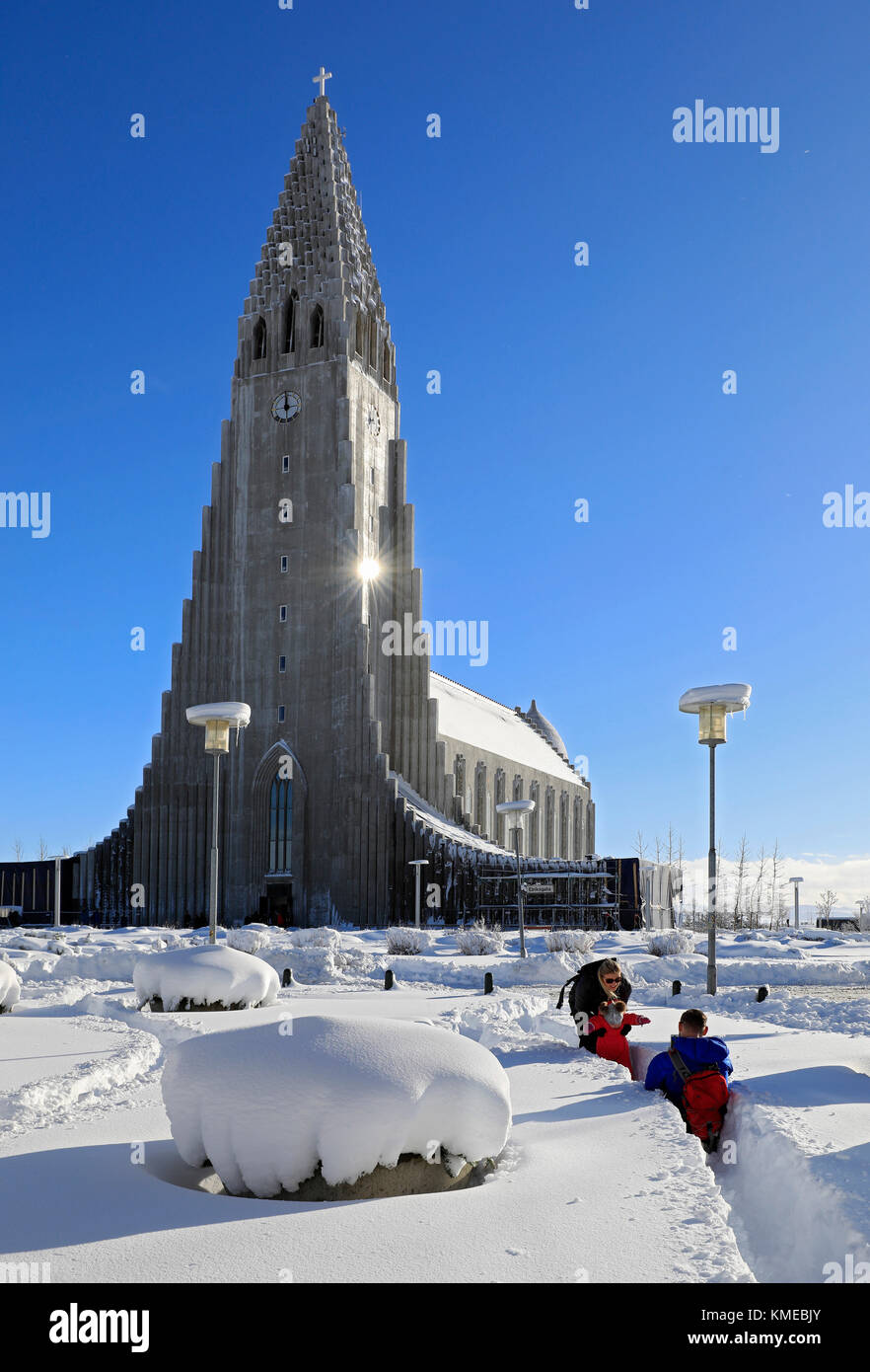 Hallgrimskirkja church against clear sky during winter,Reykjavik ...