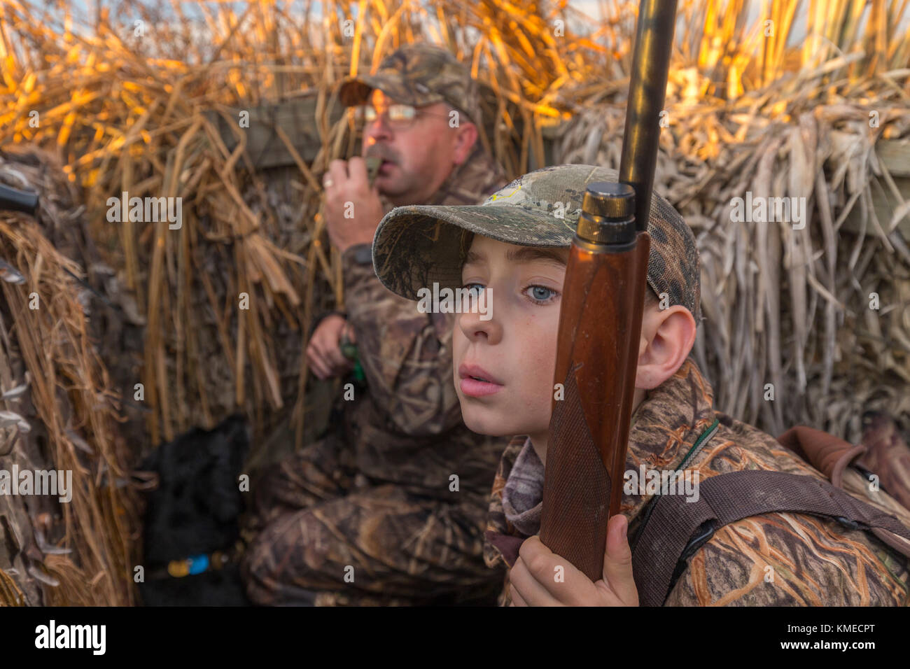 father and son duck hunting, Suisun Marsh, Suisun City, California, USA ...