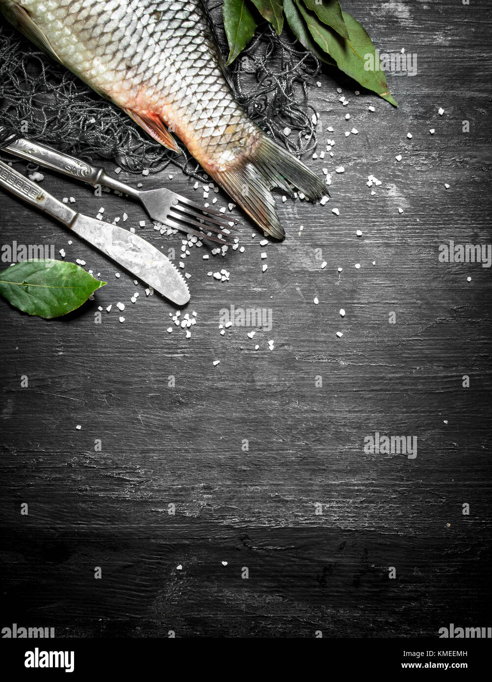 Fresh fish with branches of Laurel on the fishing net. On a black ...