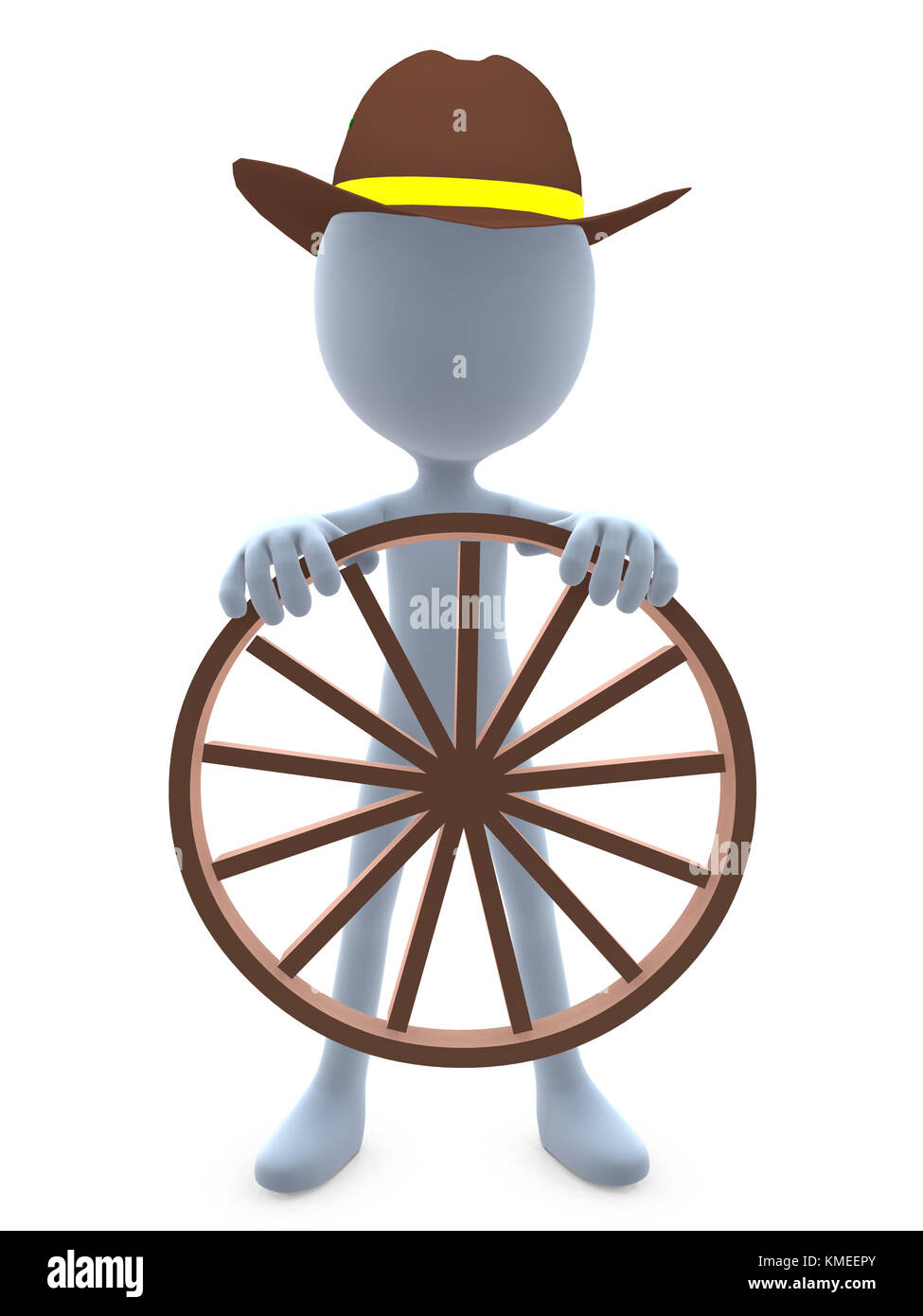 3D cowboy guy holding a wagon wheel on a white background Stock Photo ...