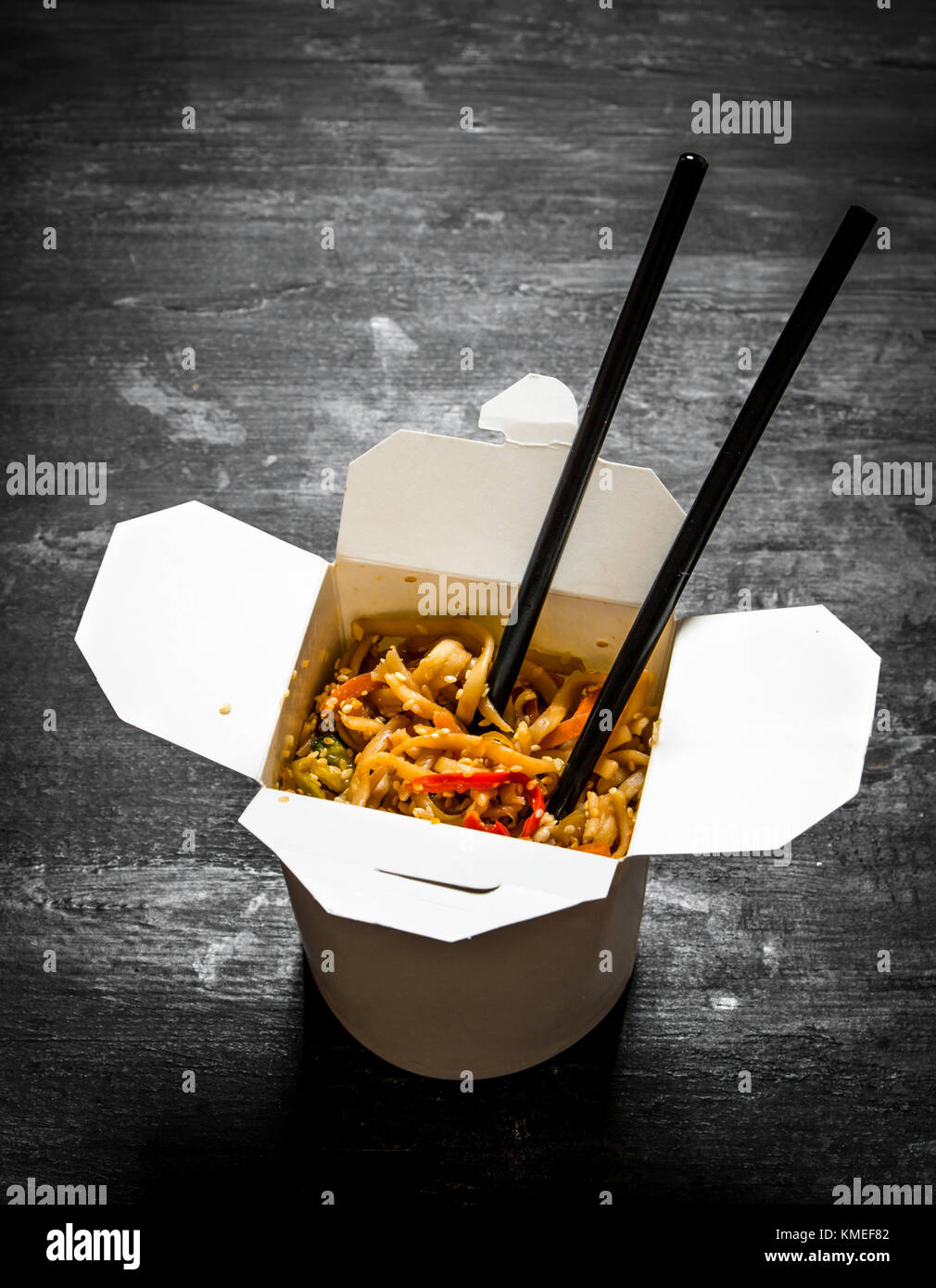 Chinese food. Traditional wheat noodles with vegetables and seafood ...