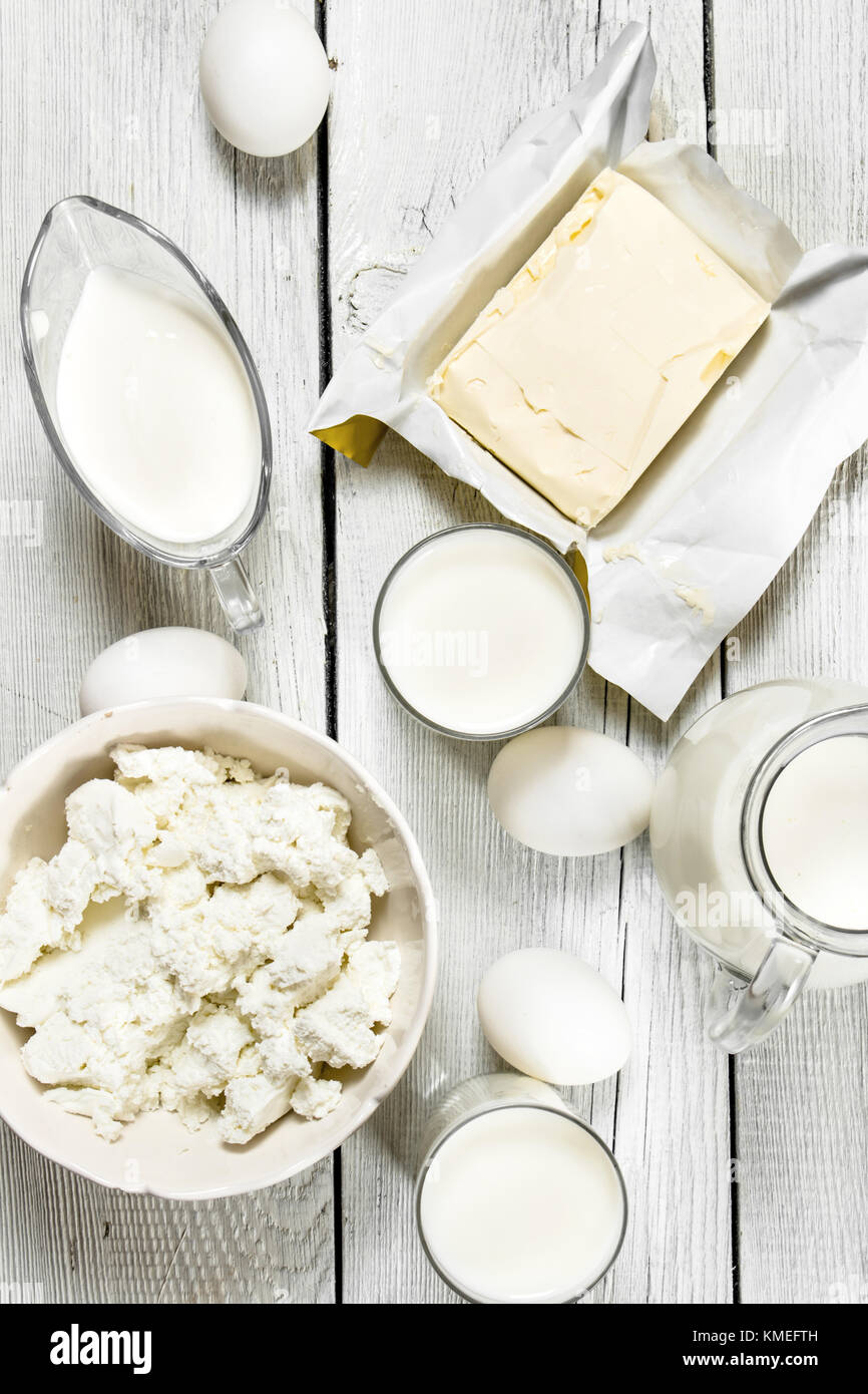 Fresh dairy products on white wooden background Stock Photo - Alamy