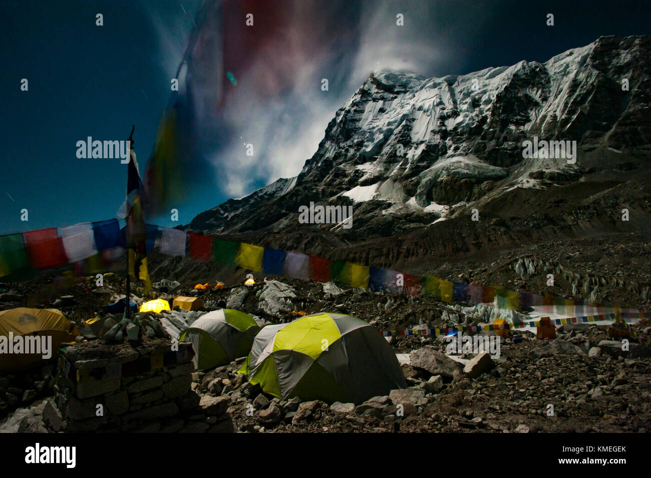 Mount Everest Base Camp at night with Mount Pumori visible on right ...