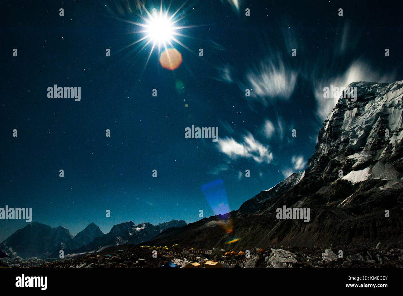 Full moon over Mount Everest Base Camp at night with Mount Pumori ...