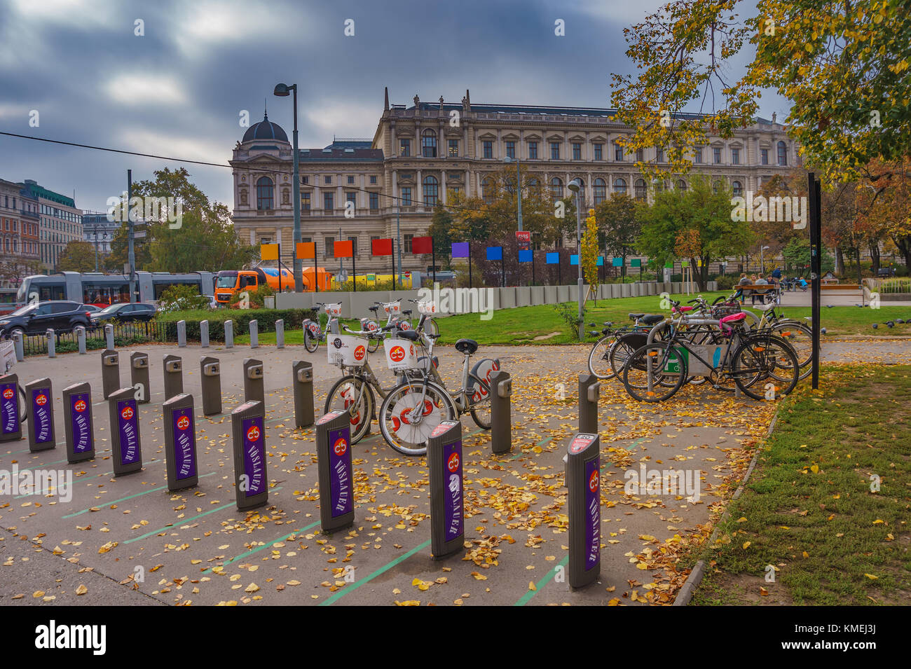 Rental bikes in the streets of Vienna. Vienna has over 120 stations ...