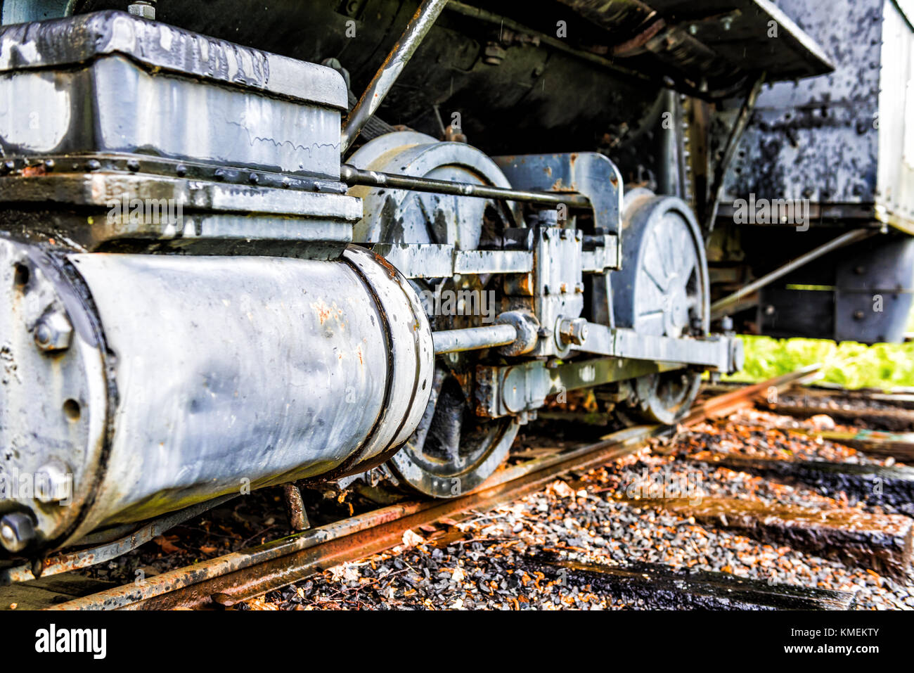 Steam locomotive train car antique vintage grunge wheel closeup with ...