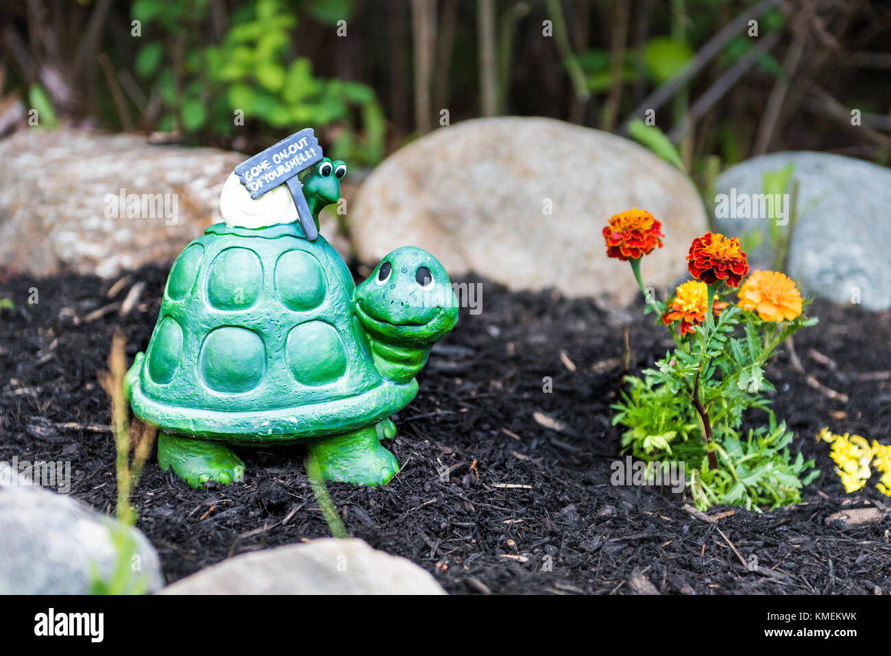 Closeup of happy green turtle tortoise sculpture in garden with baby ...