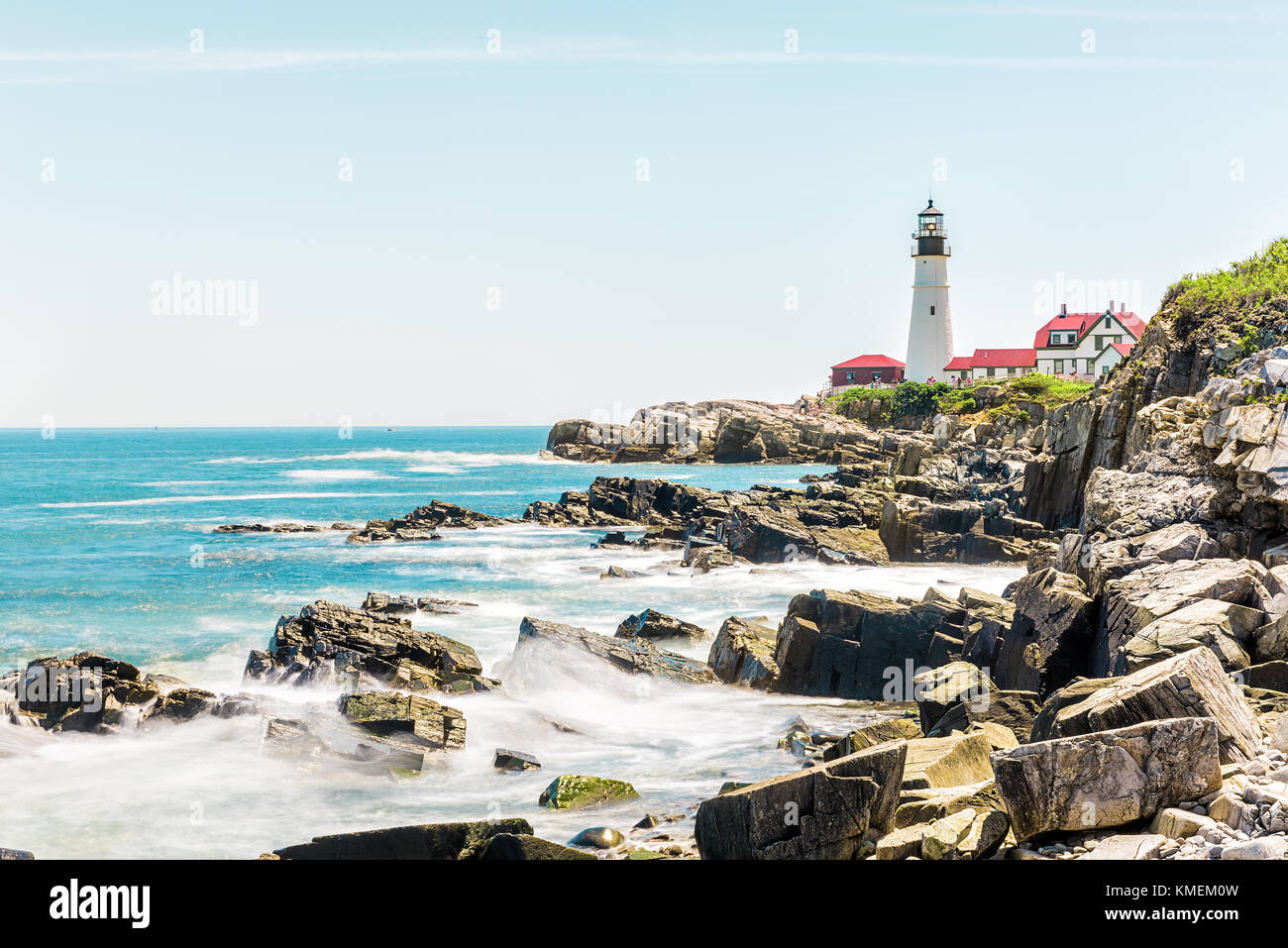 Cliff rocks side view shore with Portland Head Lighthouse in Fort ...