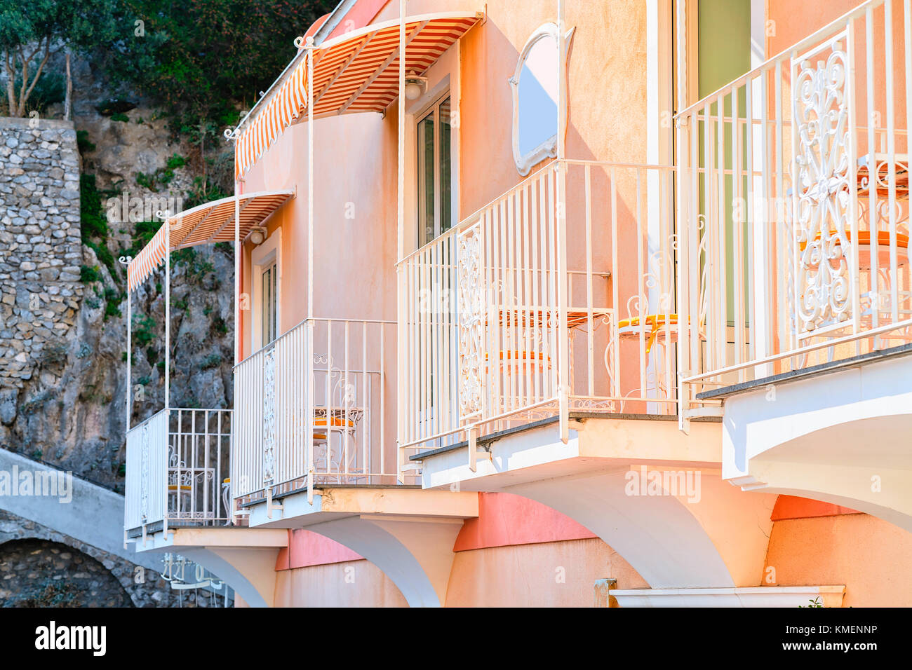 Balcony of a building in Positano town, Amalfi coast, Italy Stock Photo ...