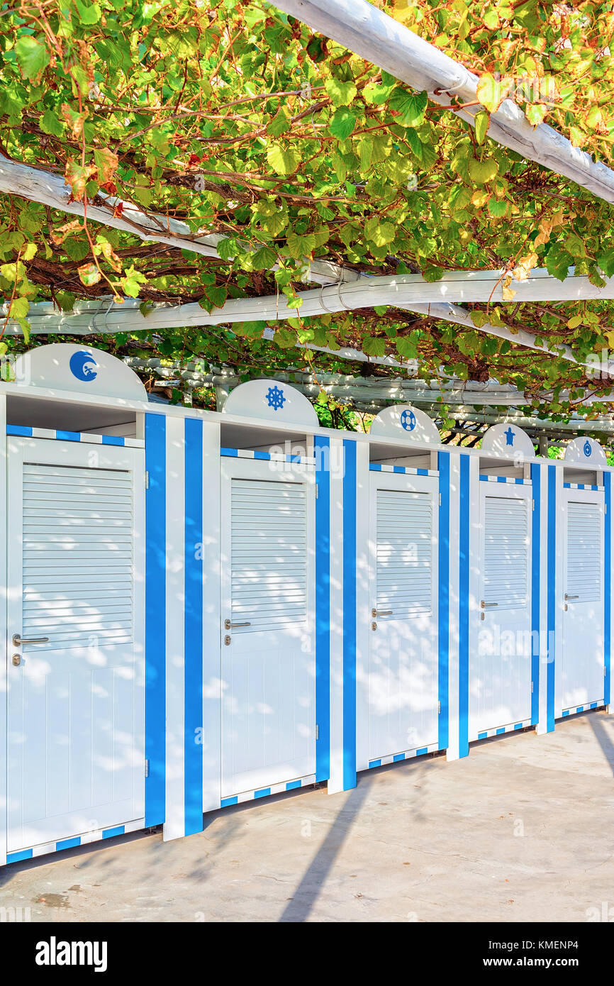 Changing rooms on the Beach in Positano town, Amalfi coast, Italy Stock ...