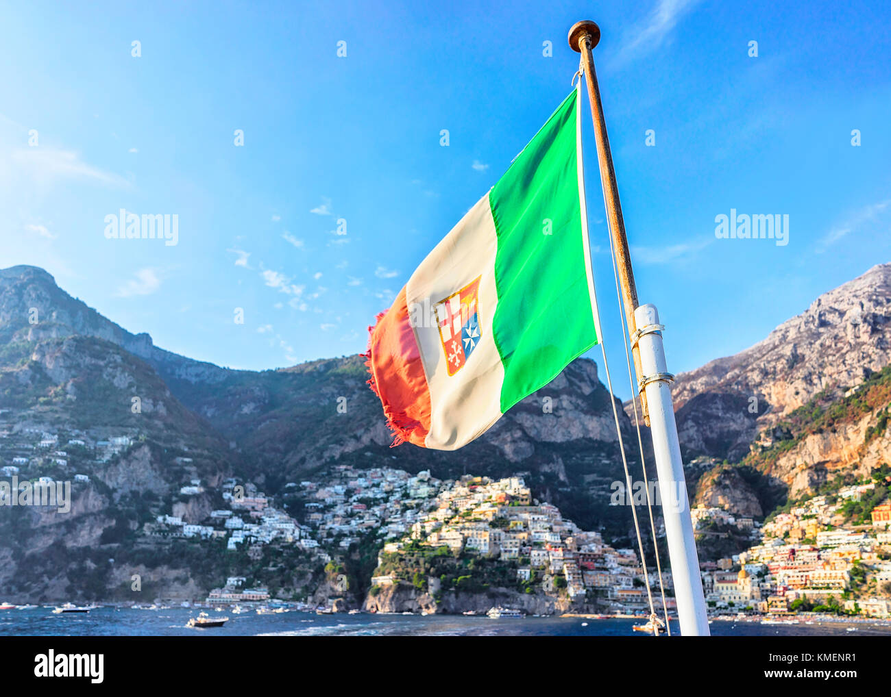 Italian flag with Positano town and Tyrrhenian sea, Amalfi coast, Italy ...