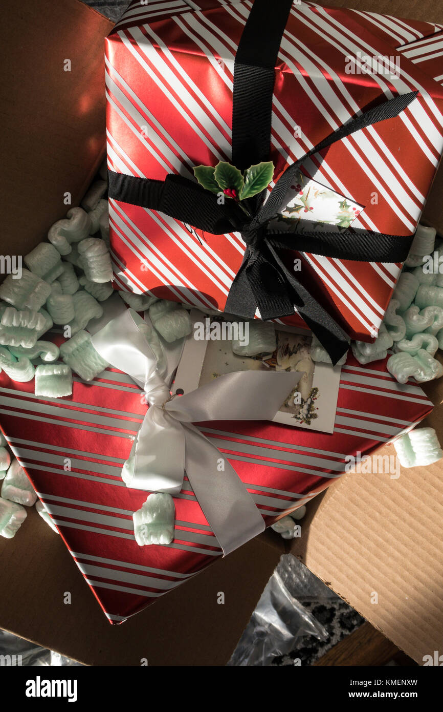 Wrapped Christmas Presents in Packing Box, USA Stock Photo - Alamy