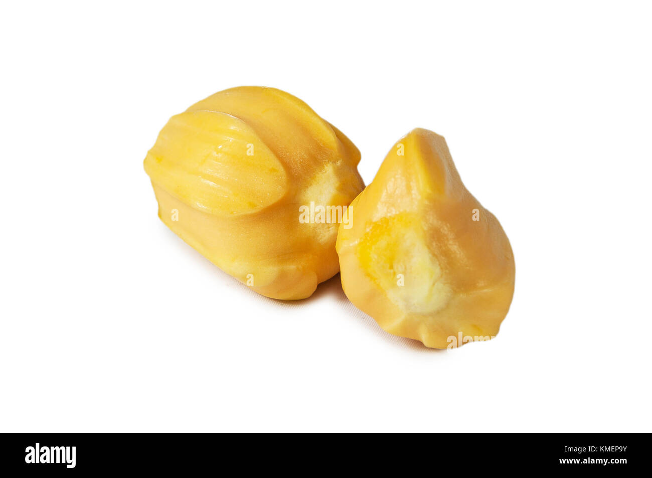 Fresh delicious two flesh of jackfruit isolated on clean white ...