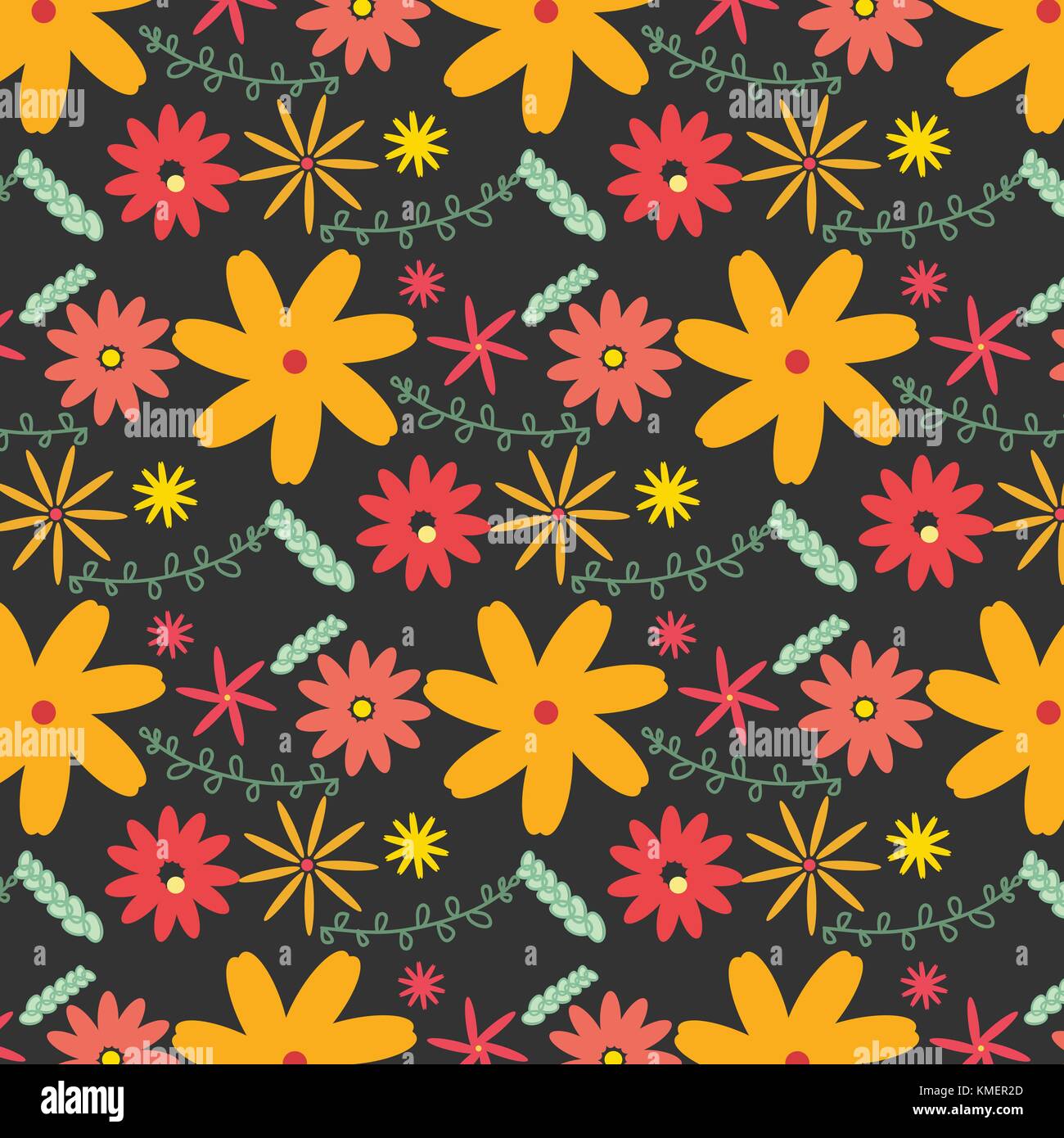 Vector floral pattern in doodle style with flowers and leaves. Gentle ...