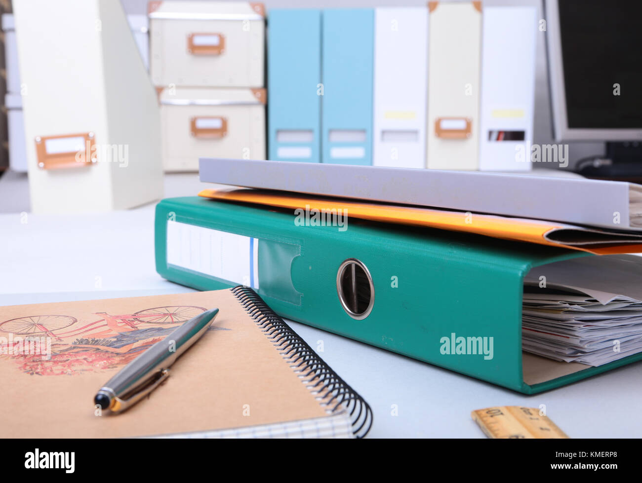 Folder file, pen, pencil and note on the desk. blurred background Stock ...