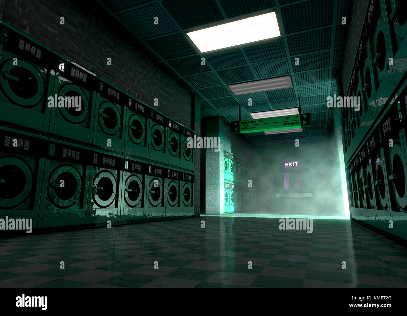 A look down a dimly lit run down aisle of turquoise industrial washing ...