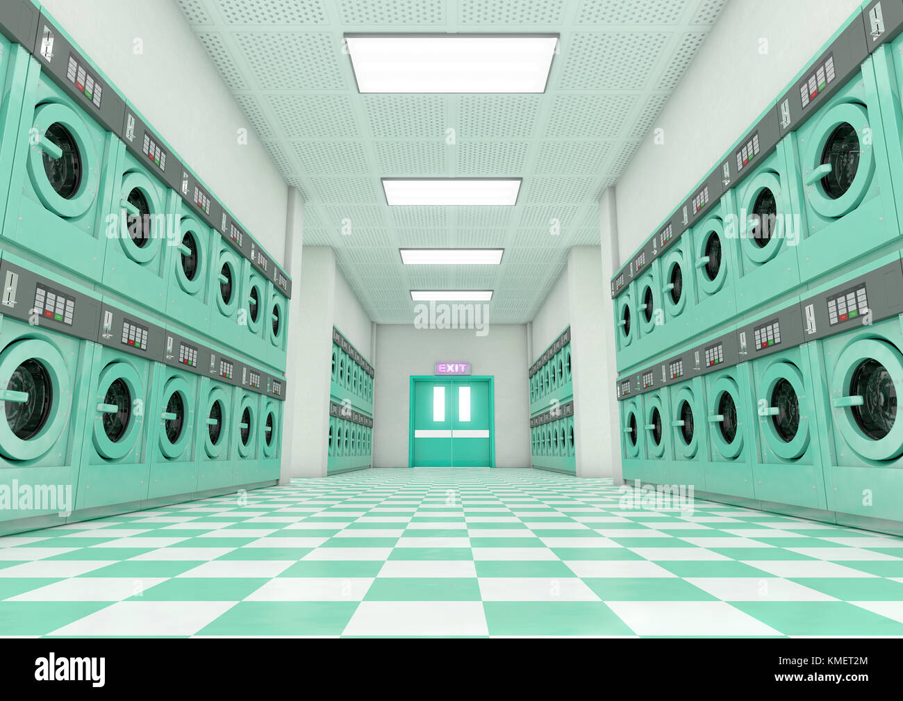A look down a well lit clean aisle of turquoise industrial washing ...