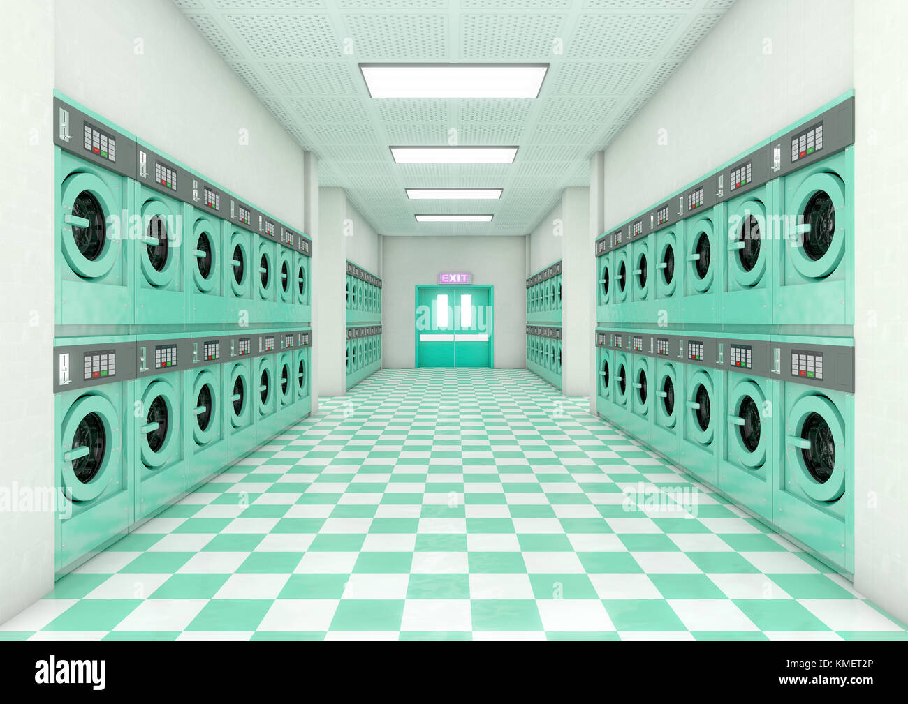 A look down a well lit clean aisle of turquoise industrial washing ...