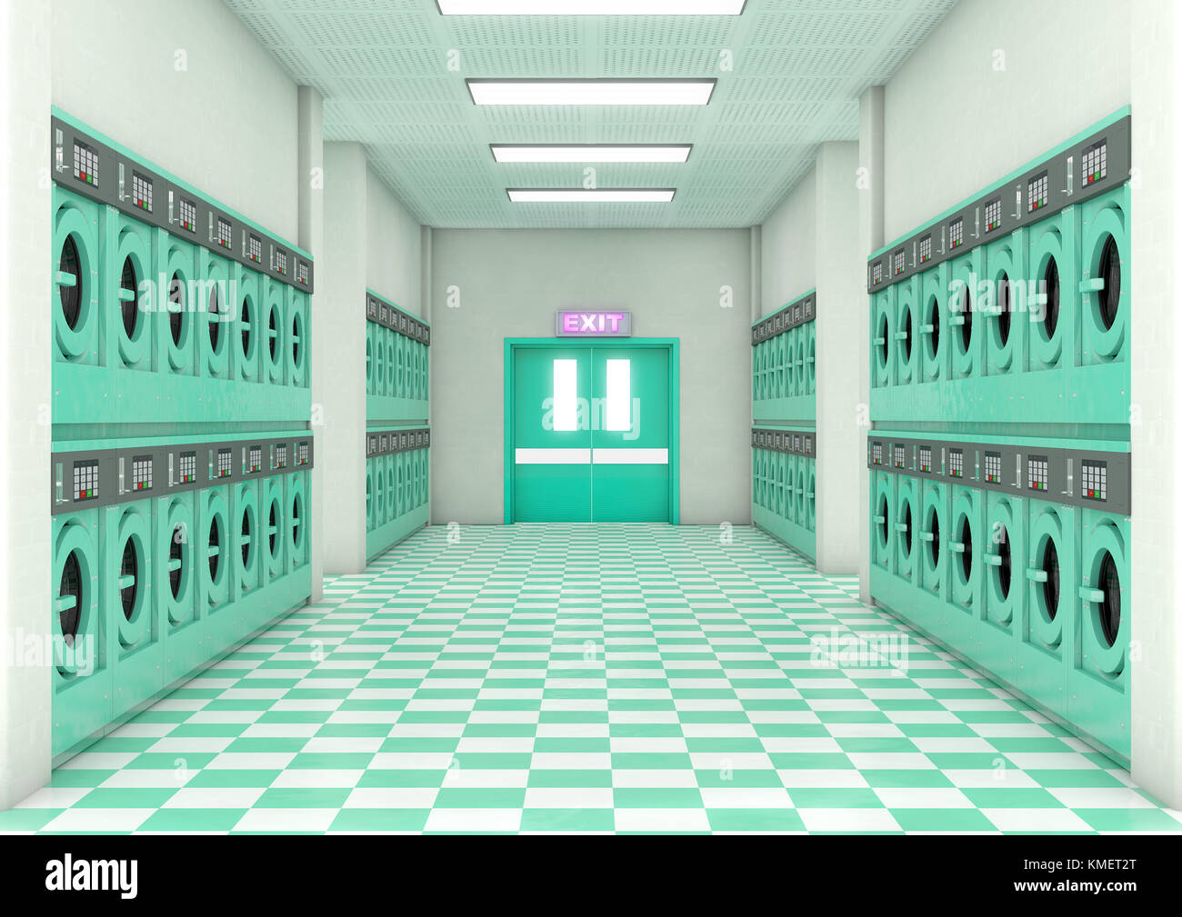 A look down a well lit clean aisle of turquoise industrial washing ...