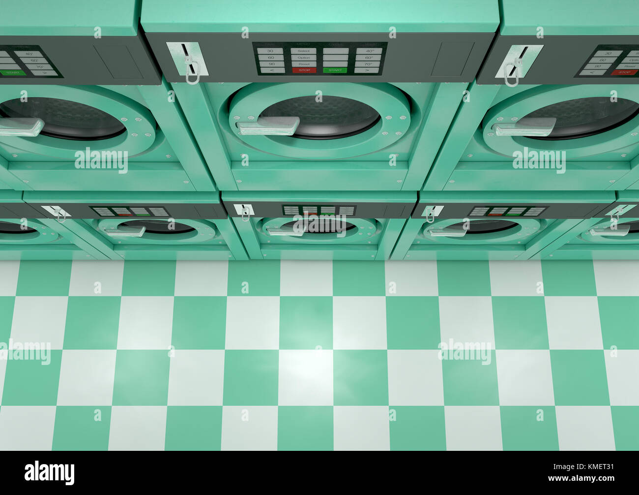 A wall of a well lit clean stack of turquoise industrial washing ...