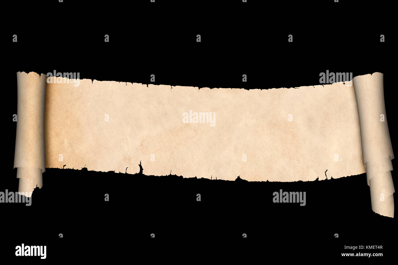 Antique scroll of parchment with torn edges. Isolated on black ...