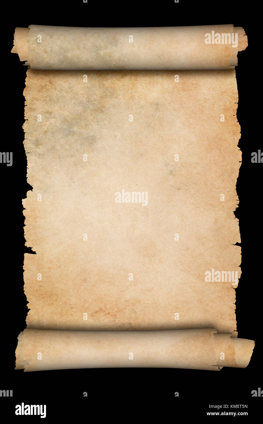 Ancient parchment scroll with two rolls and torn edges. Isolated on ...