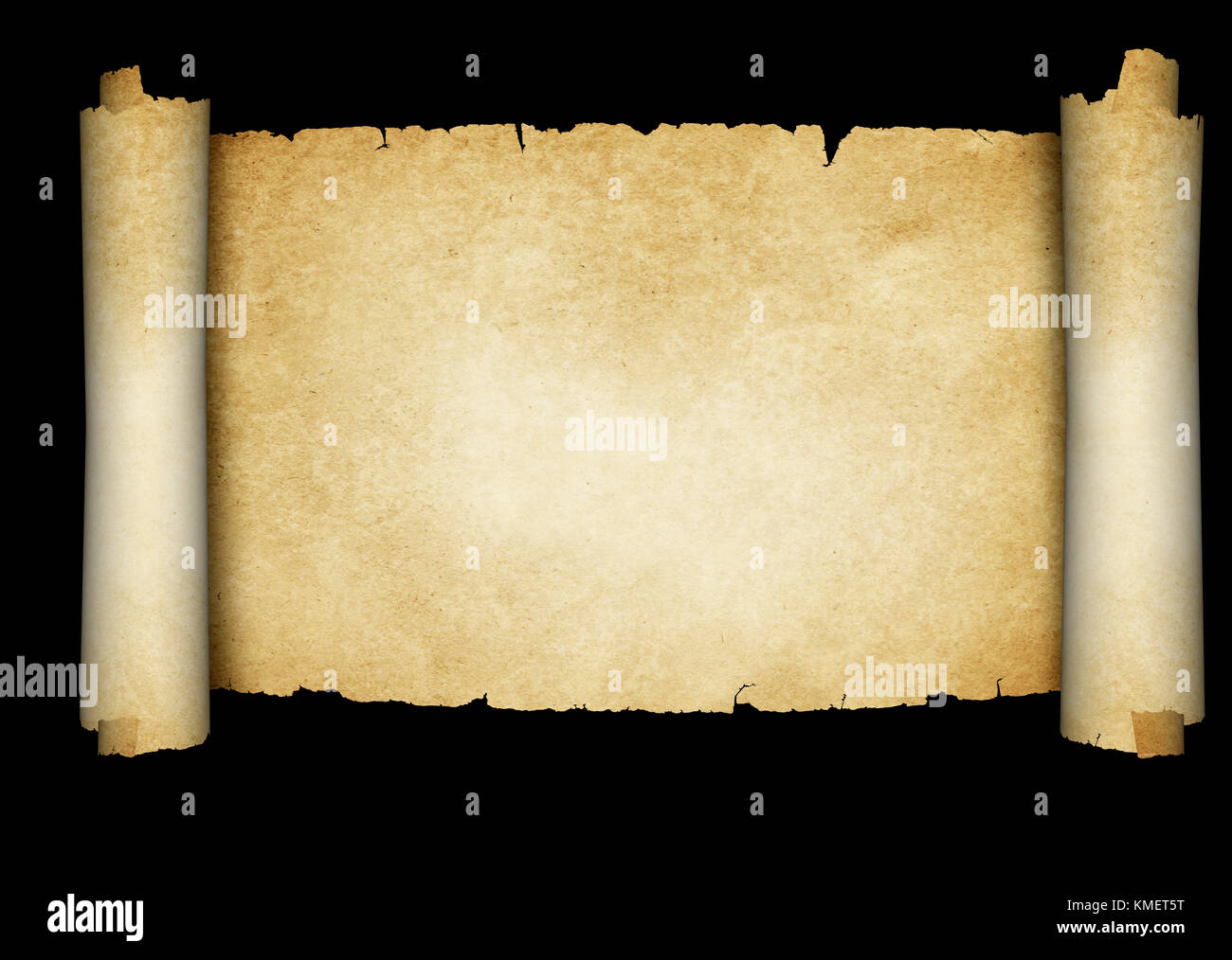 Ancient parchment scroll with two rolls and torn edges. Isolated on ...