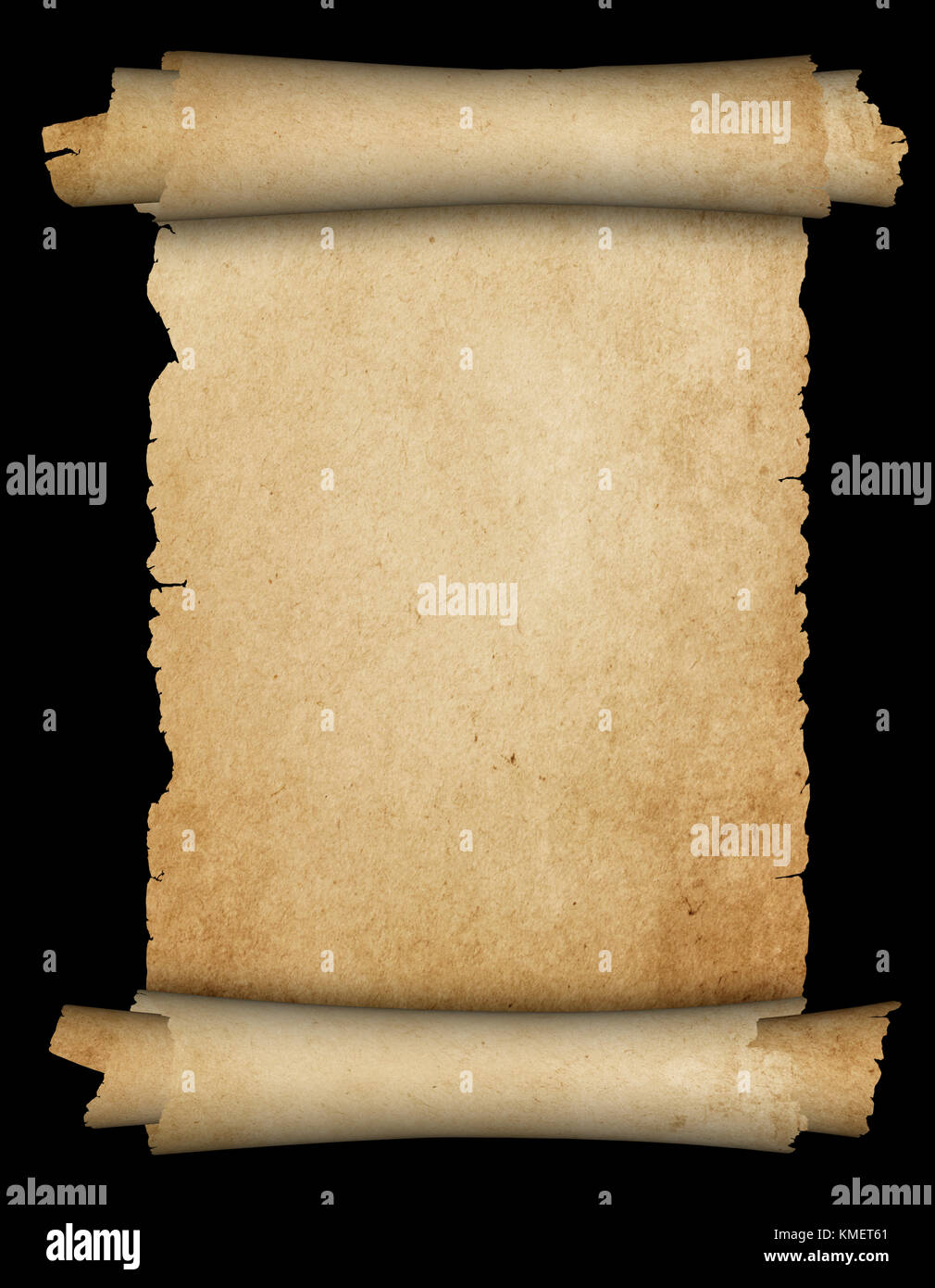 Scroll antique parchment with torn edges. Isolated on black background ...