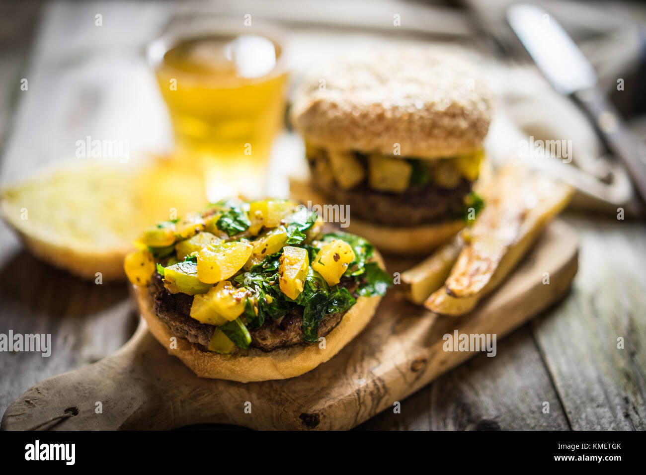 Homemade Burgers With Fries On Wooden Background Stock Photo - Alamy