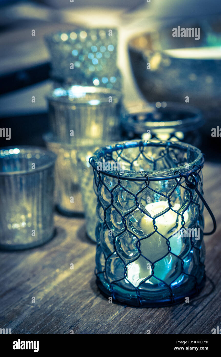 Rustic Candles On Wooden Background Stock Photo - Alamy