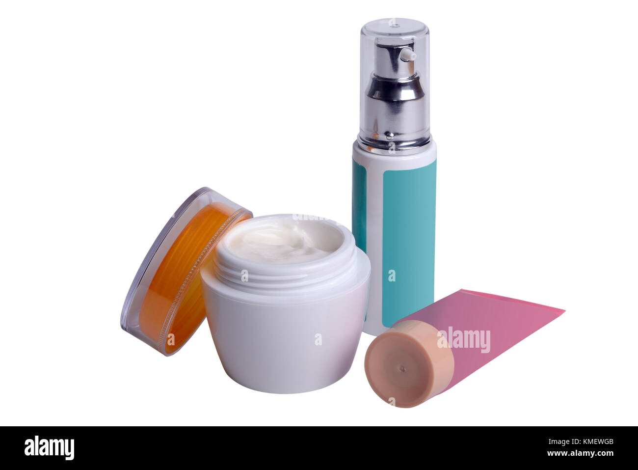 Three multi-colored cosmetic containers isolated on white Stock Photo ...