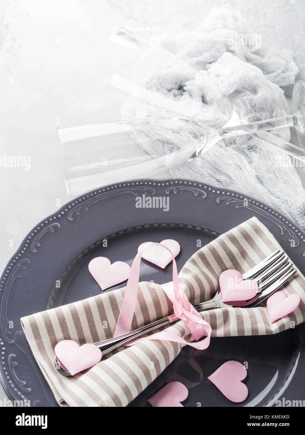 Romantic dinner date plates hearts love symbol with champagne glasses ...